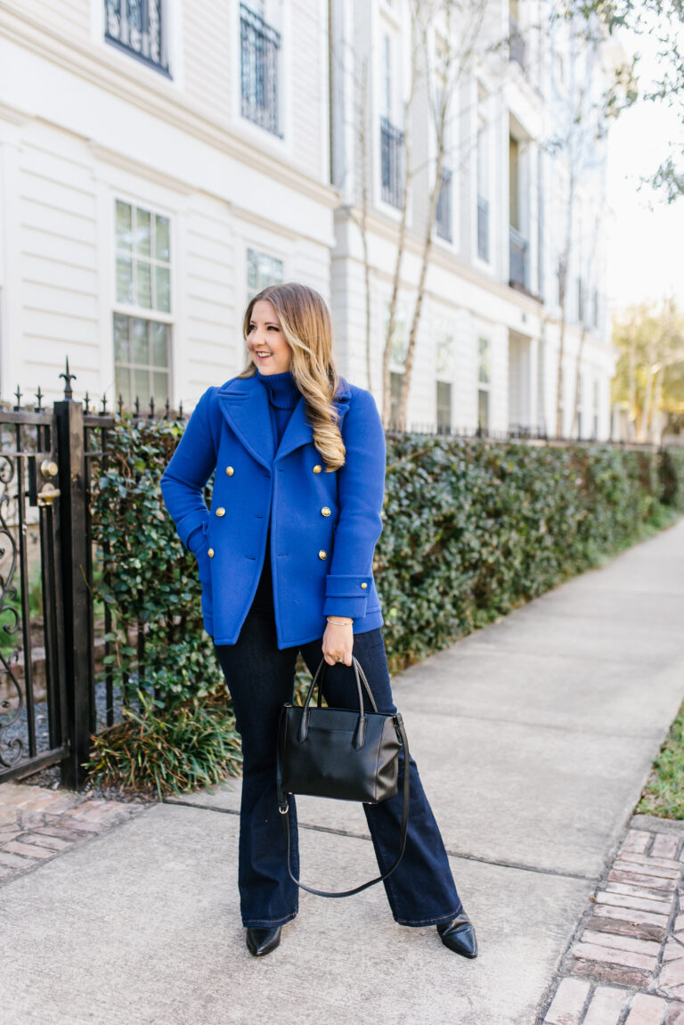 Monochromatic Winter Look with a Cobalt Blue Peacoat - Thrifty Pineapple